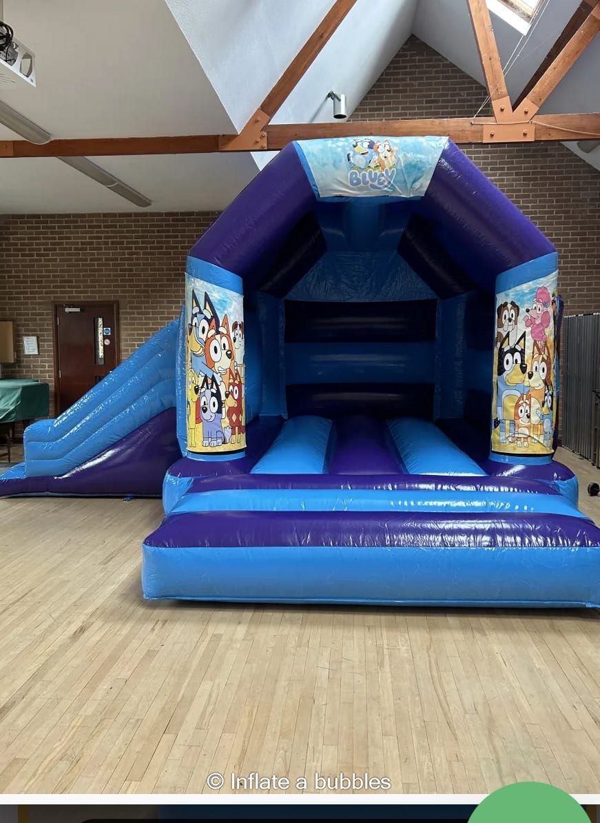 Bluey Bouncy Castle Side Slide purple and blue - Hire in Kings Lynn ...